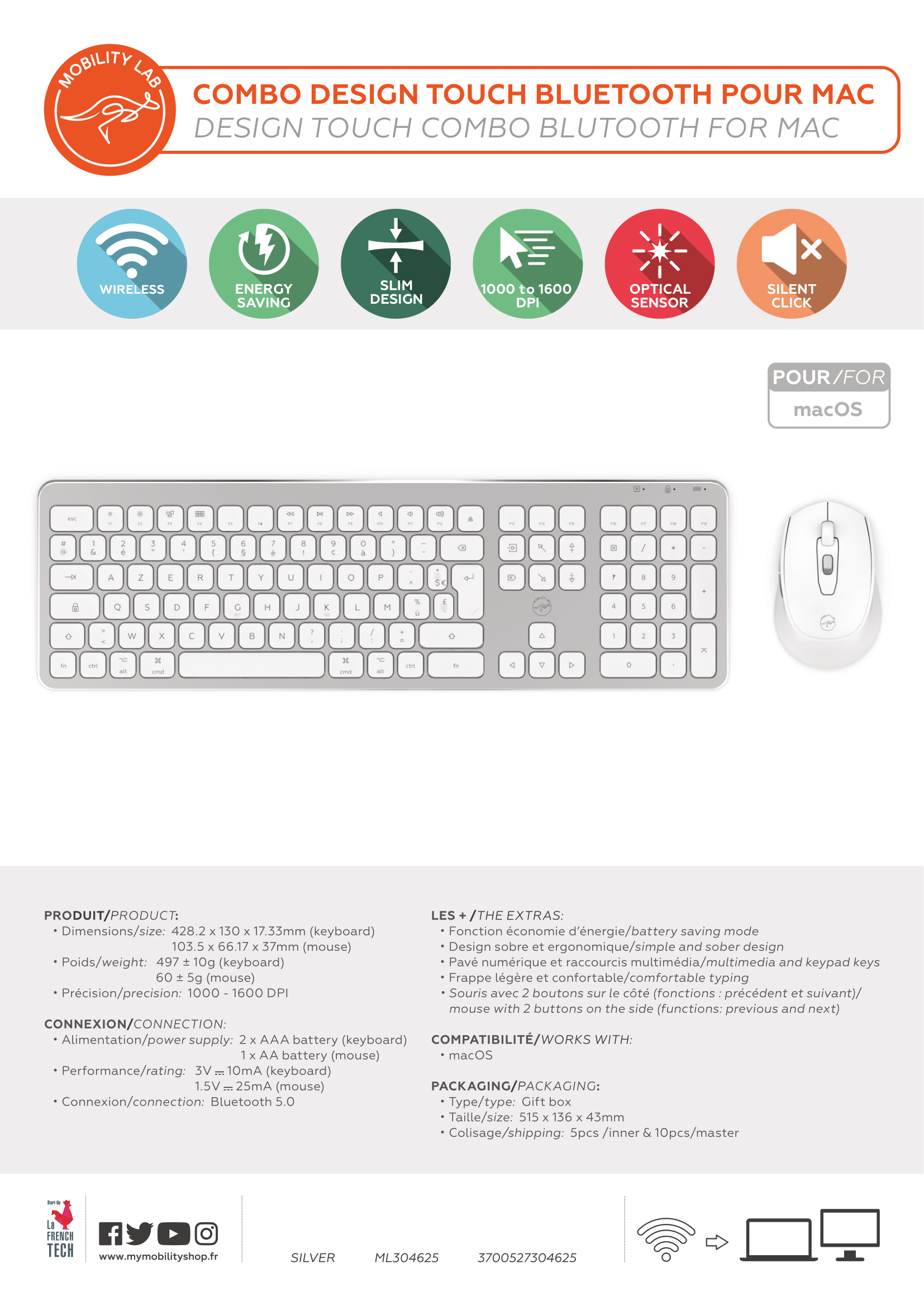Ensemble clavier et souris Mobility Lab Ensemble clavier et souris - - AZERTY sans fil bluetooth ...
